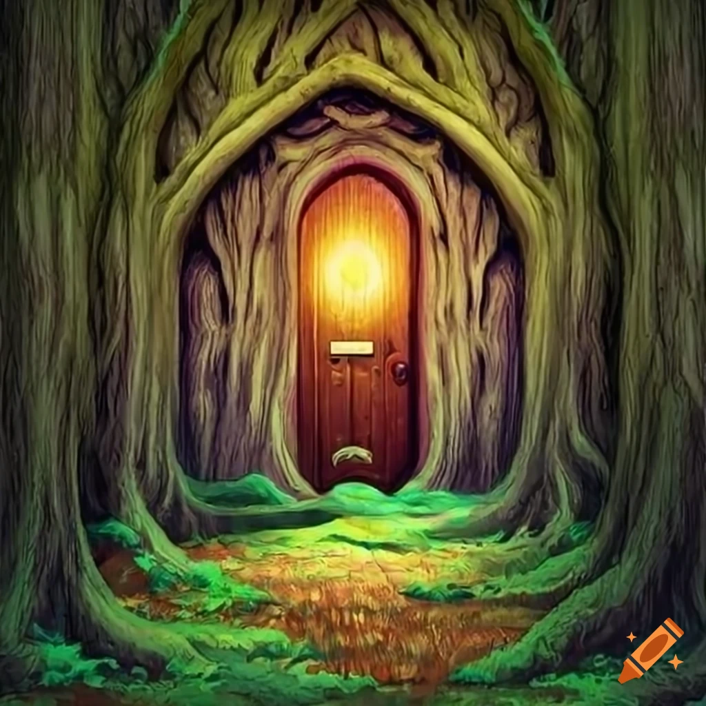 Artwork of a magical door in a big oak tree on Craiyon