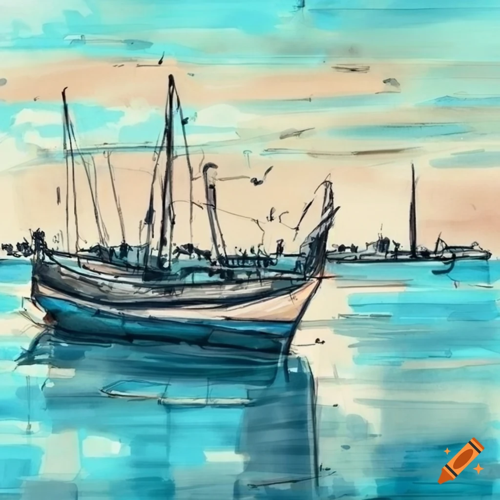 Sketched fisher boat see la rochelle