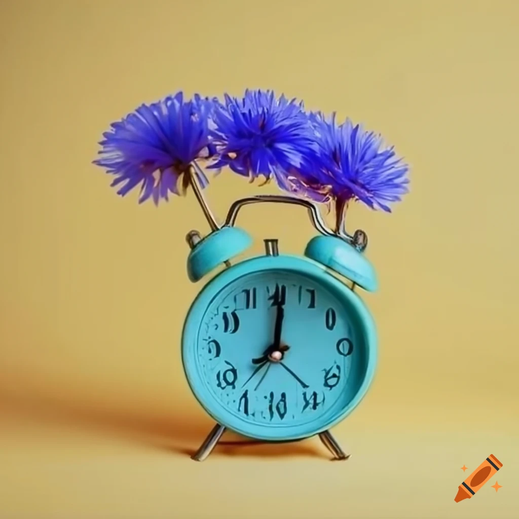 Cornflowers beside a cyan alarm clock on a light yellow background on ...
