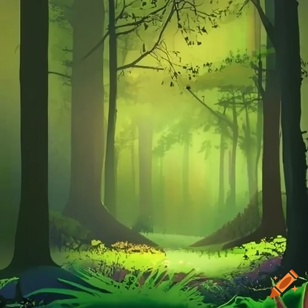 Create a vibrant, sparkling forest background. the forest should be ...