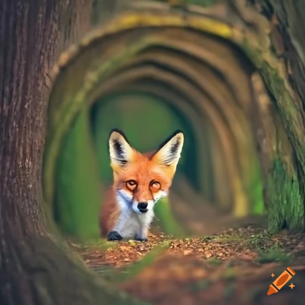 Fox sat down in a tree tunnel