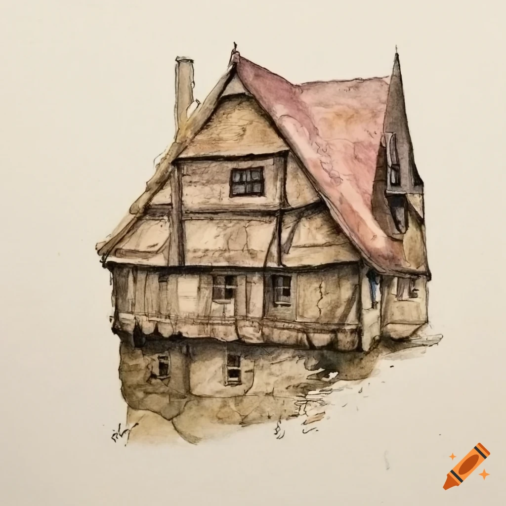 Bird's eye view of a medieval house, pencil drawing on Craiyon