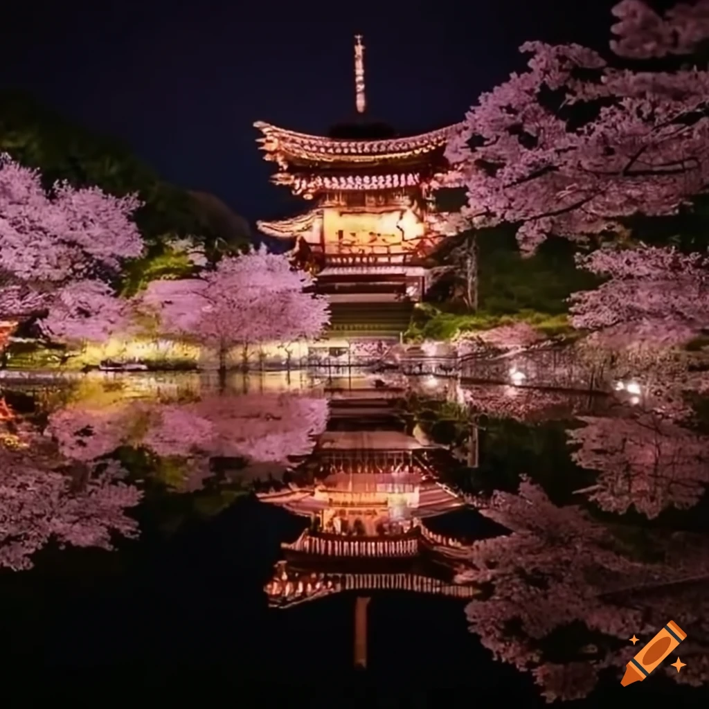 Beautiful cherry blossoms at a temple in japan at night on Craiyon