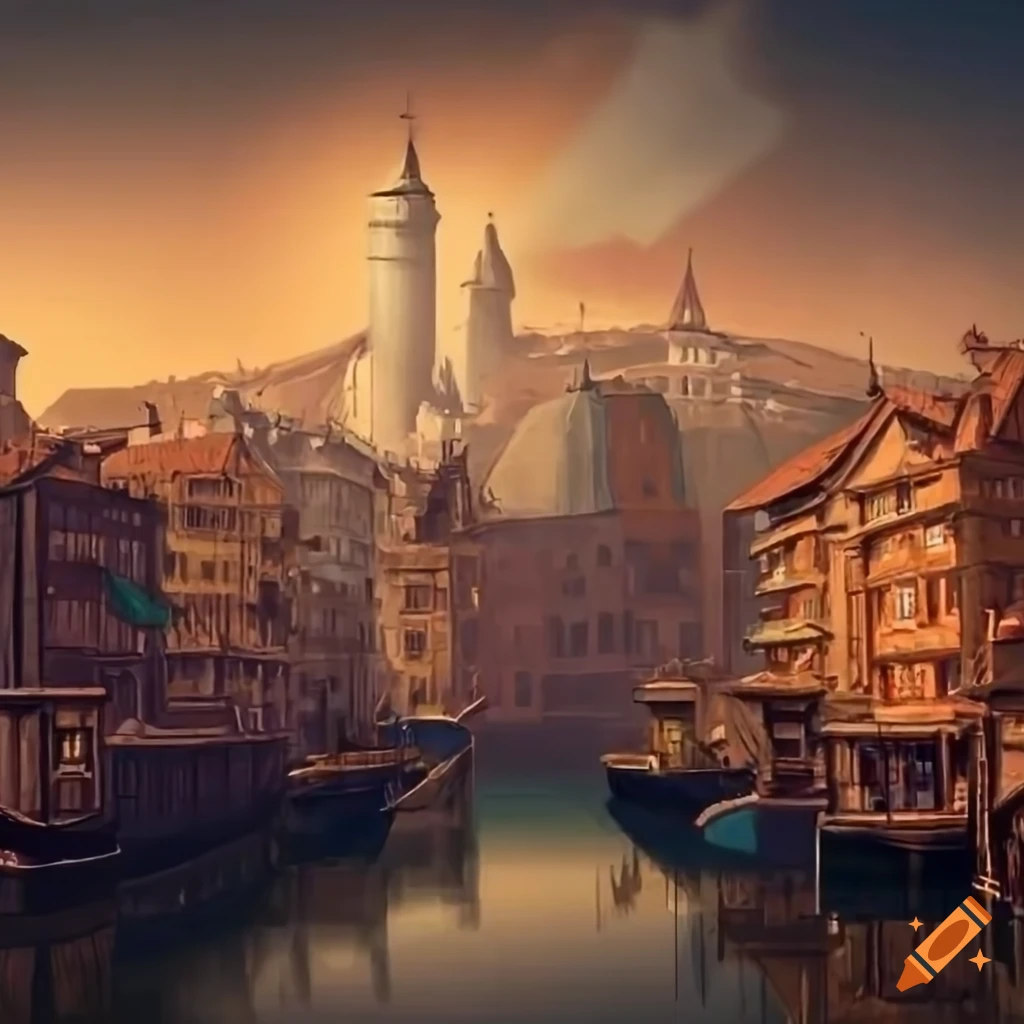 Landscape view of a cel shaded medieval era fantasy character portrait ...