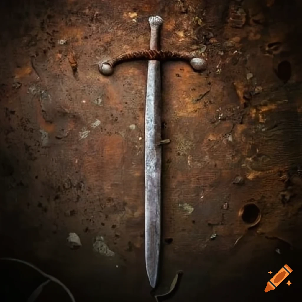 An old rusty sword abandoned in a medieval battlefield on Craiyon