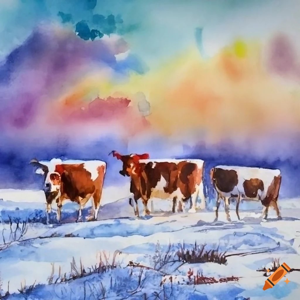 Watercolor painting of a snowy landscape with cows in the distance on ...