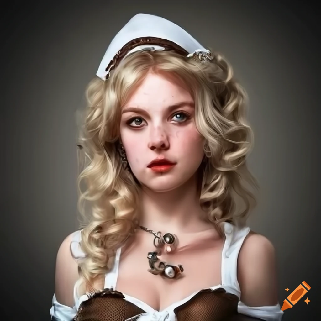 Young blonde lady with wavy hair and freckels, wearing a steampunk nurse outfit on Craiyon