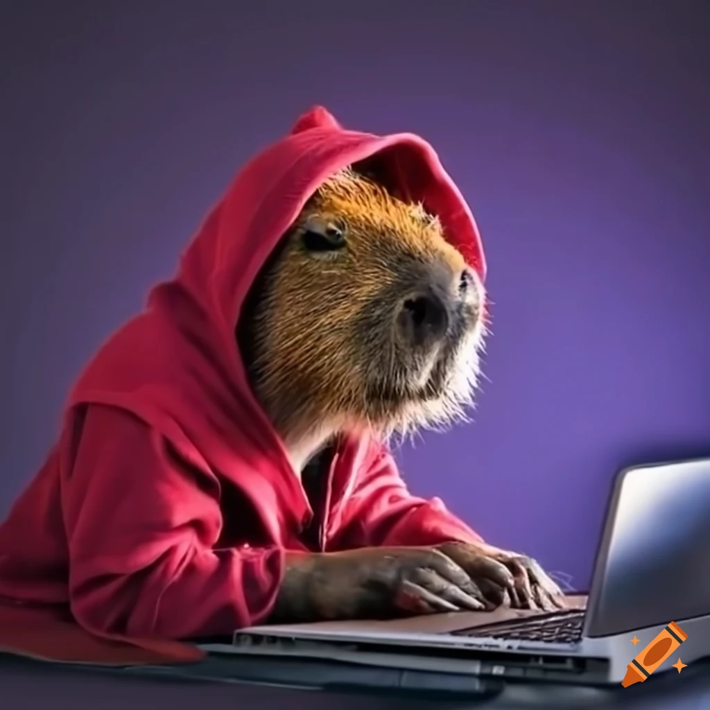 A capybara typing on a laptop while wearing a hoodie