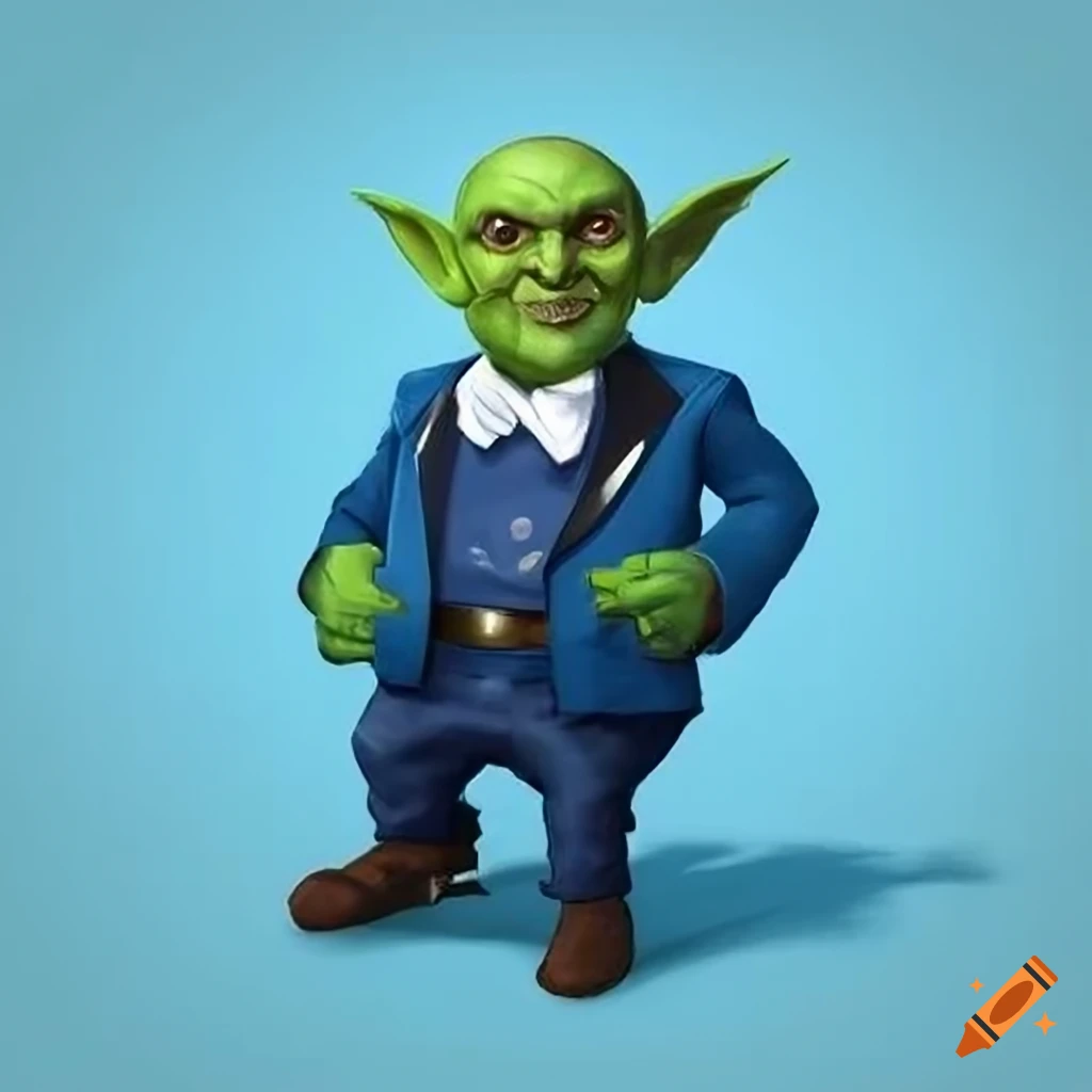 A full-body illustration of a slim dapper young greyish-green dwarf ...