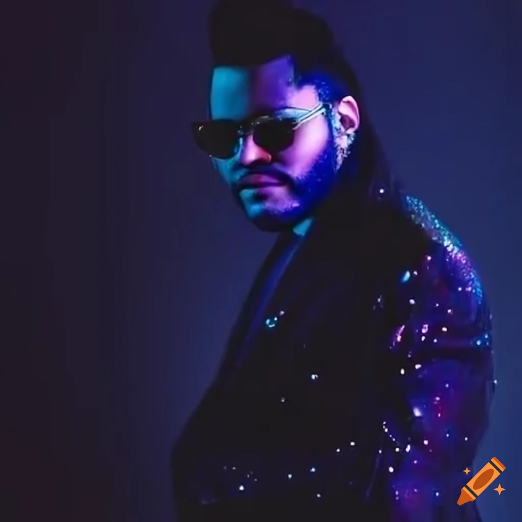 The Weeknd with black hair, black shades and a galaxy themed tuxedo ...