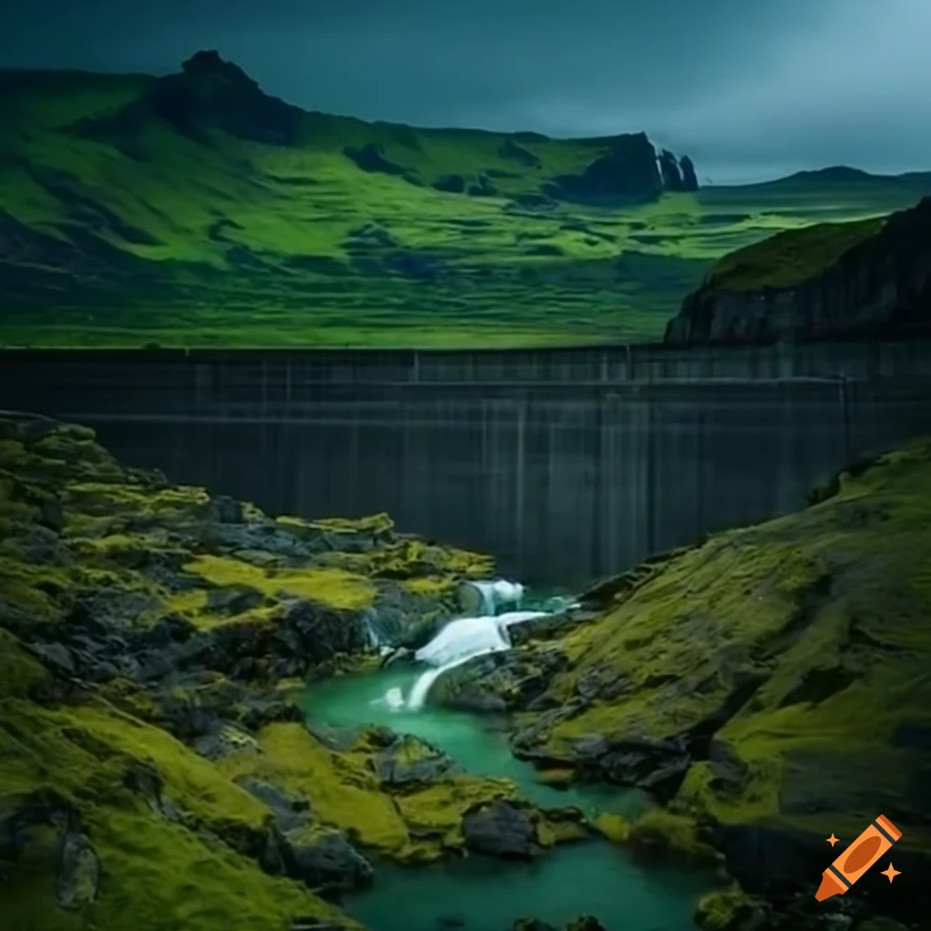 Natural reclaimation of karahnjukar dam in iceland with water flowing ...