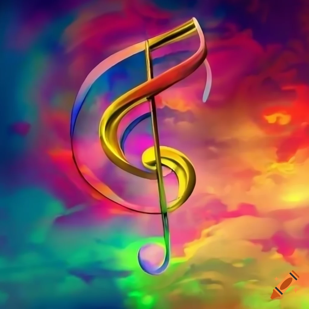 High definition several colorful, surrealistic musical notes in bright sky