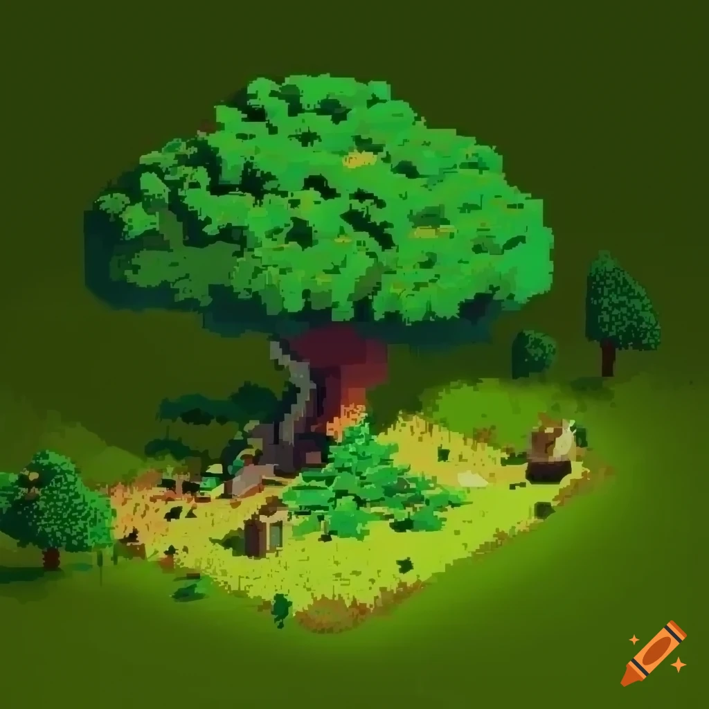 Isometric pixel art of a very large totara tree surrounded by a low ...