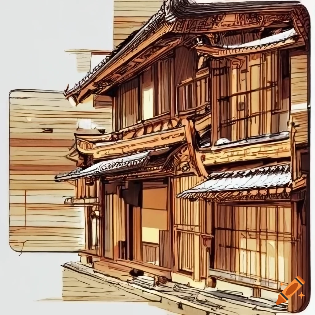 A precise and detailed line drawing of a Japanese merchant house ...