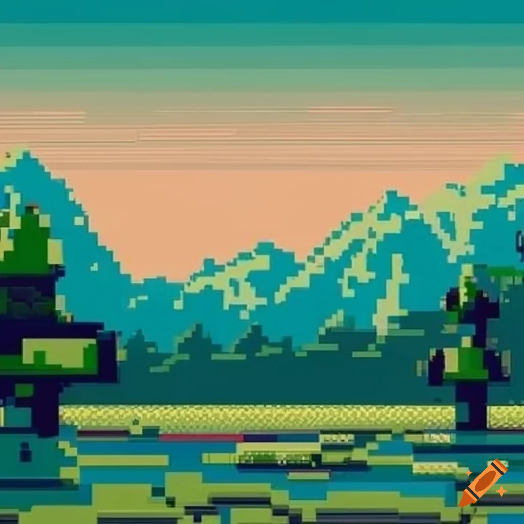 Retro 8-bit NES-style landscape with trees and mountains on Craiyon