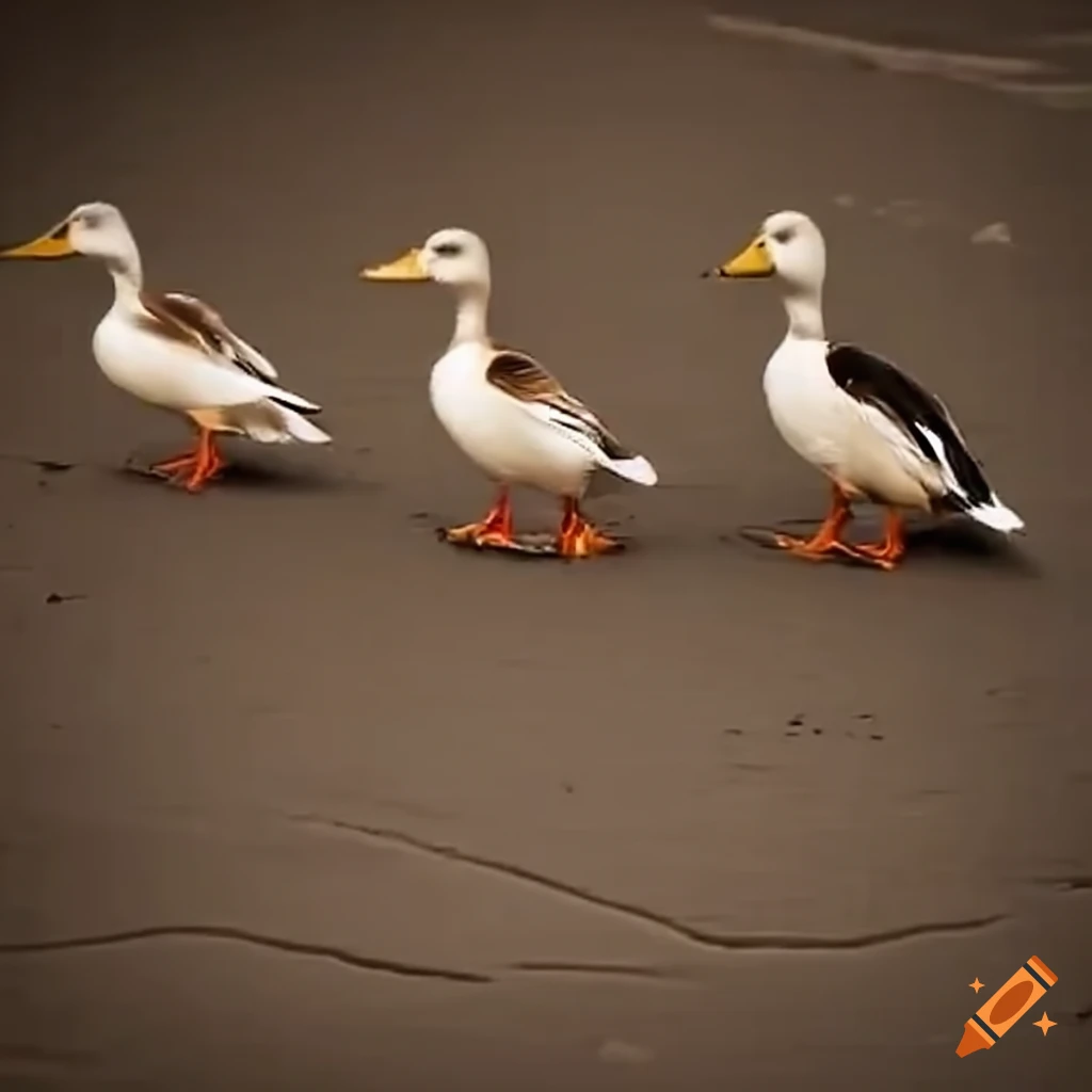Ducks walking side by side in a row on Craiyon
