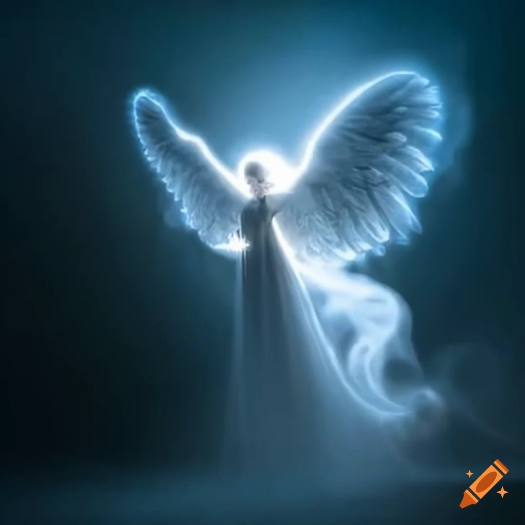 A glowing angel flying through a swirling mist