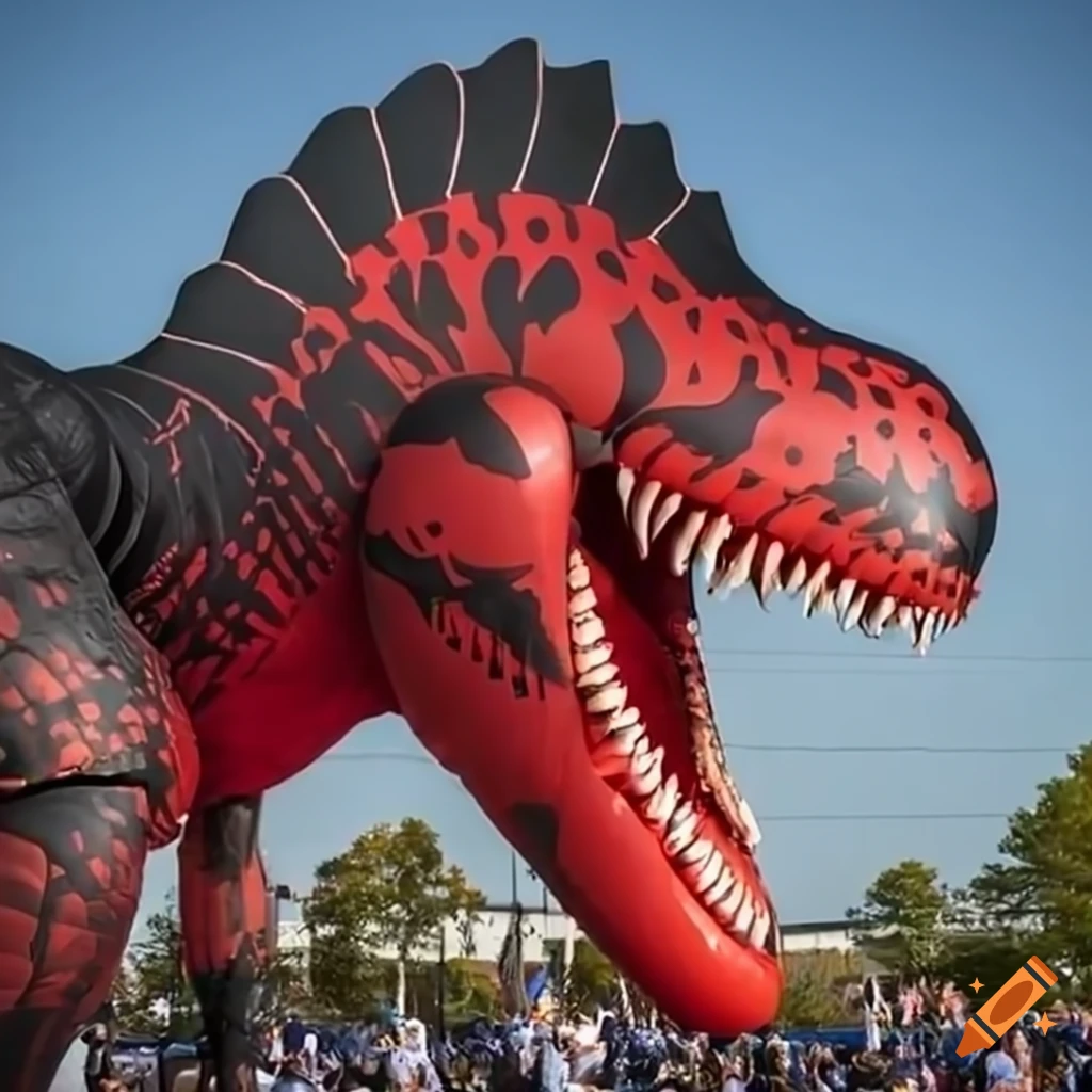 Giant red and black Spinosaurus balloon hovering over the parade on Craiyon