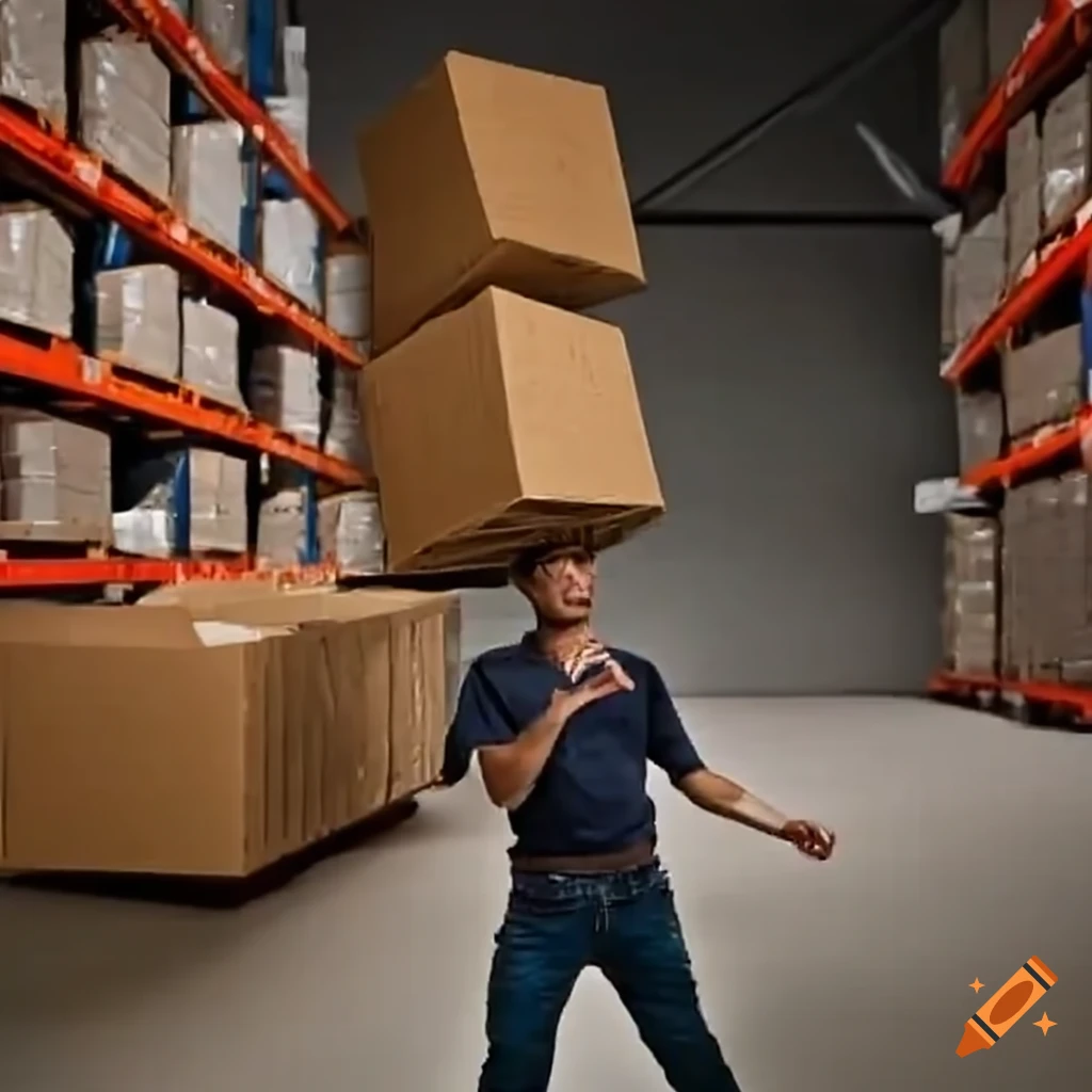 A man in a warehouse tossing cartons onto a stack