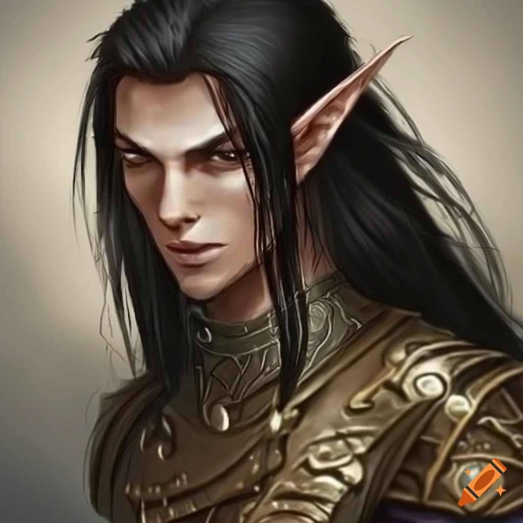 Fantasy male character with worn out attire and striking features. elf. black long hair. tan ...