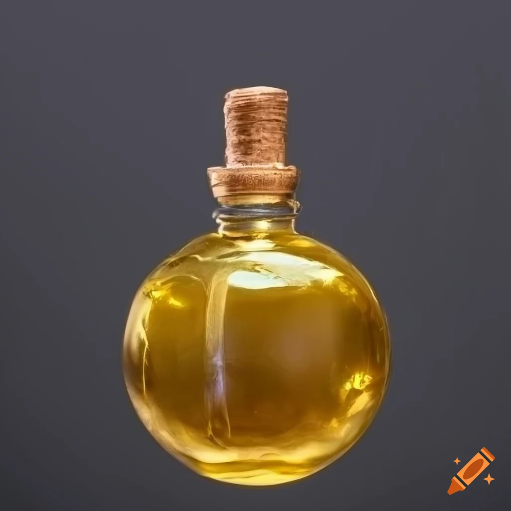 An alchemist's golden potion in a spheric golden flacon floating on ...