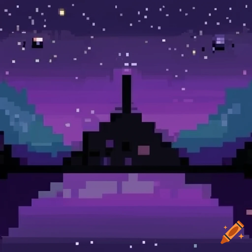 Night sky in pixel art, purple and starry on Craiyon