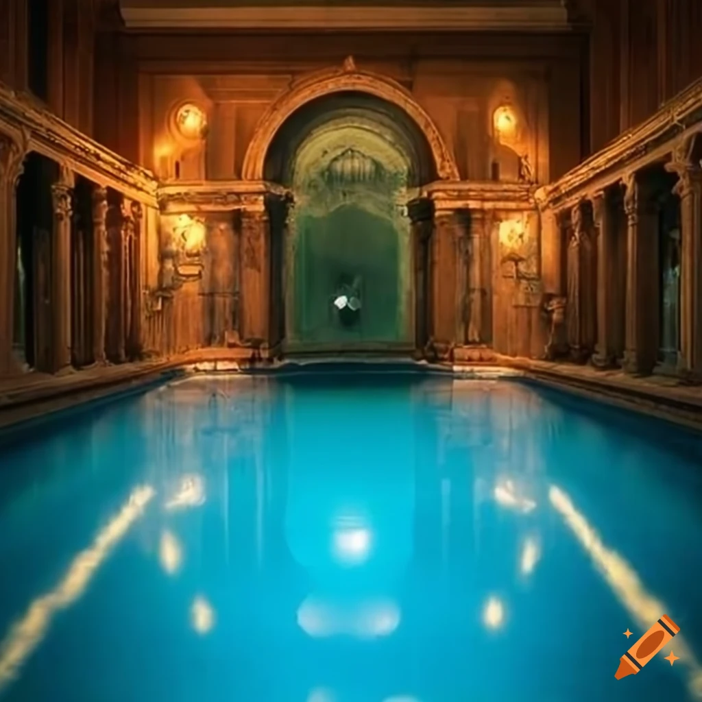 Victorian style bathhouse made of stone, pools of hot water on Craiyon