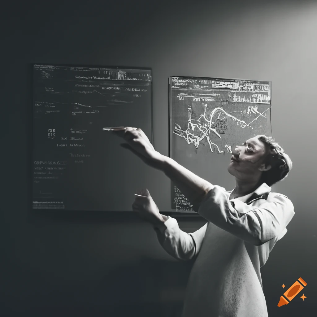 A focused male teacher explaining calculus on a whiteboard, black and ...