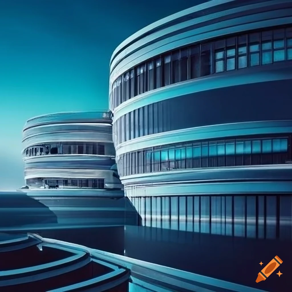 Bellfcorp futuristic factory building, exterior photograph on Craiyon