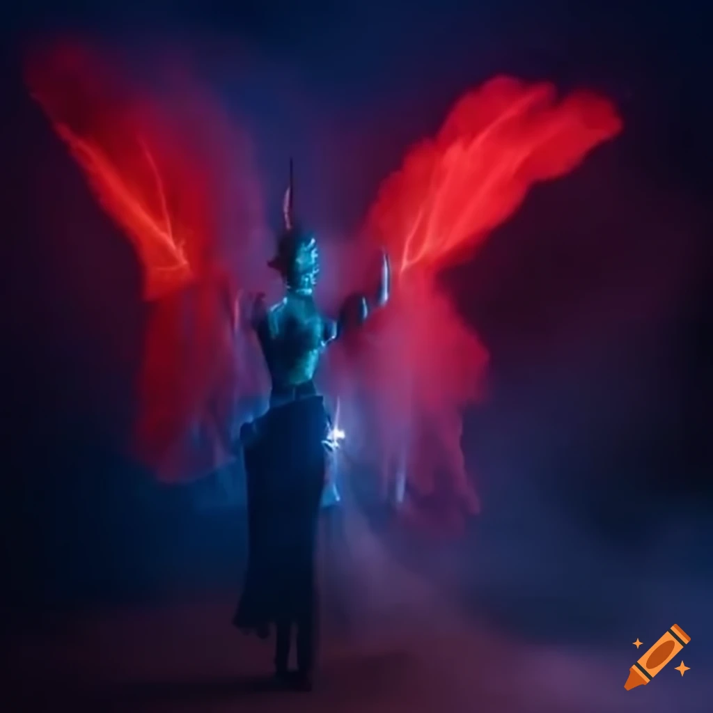 A Glowing, red and blue Mayan ghost warrior flying through a swirling ...