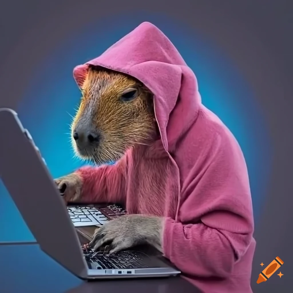 A capybara wearing a hood while programming in front of a laptop on Craiyon
