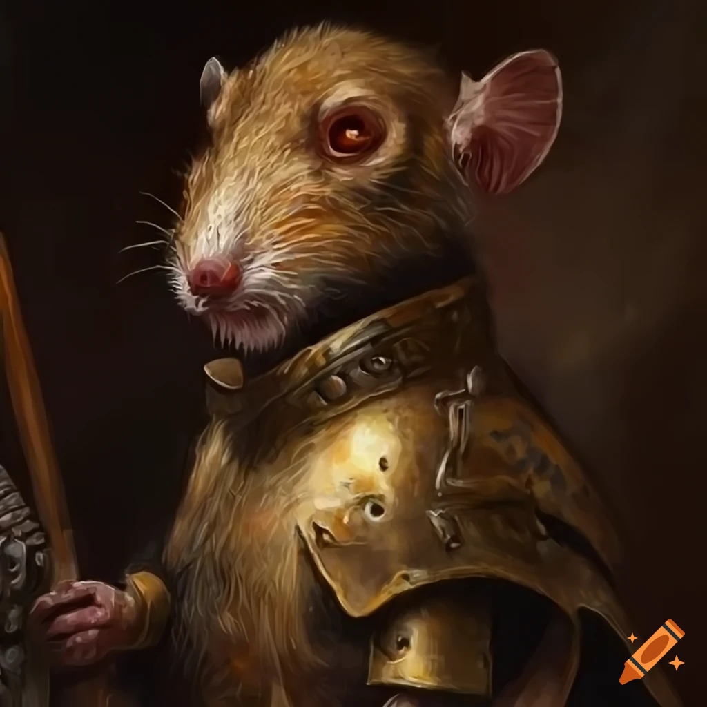 Oil painting of a humanoid rat in warrior armor