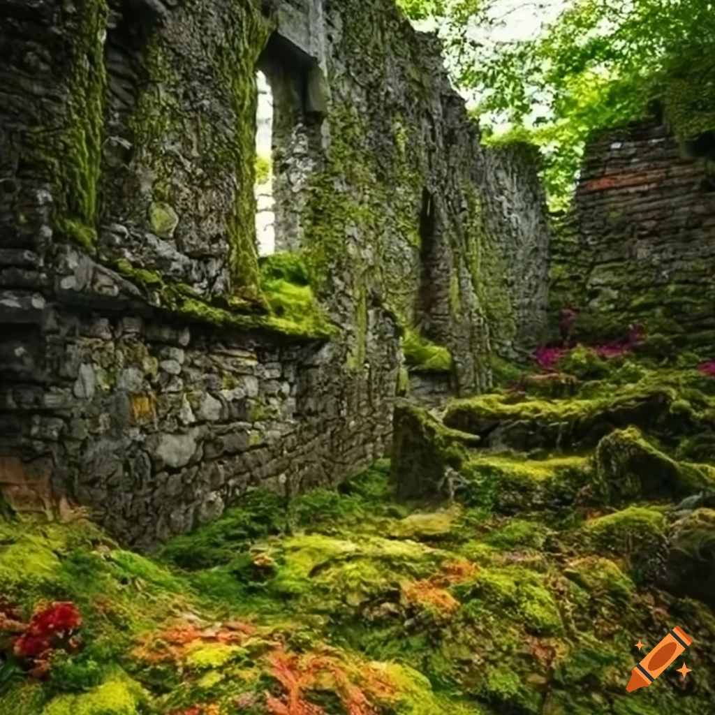 Mossy stone ruins with vibrant flowers growing on Craiyon
