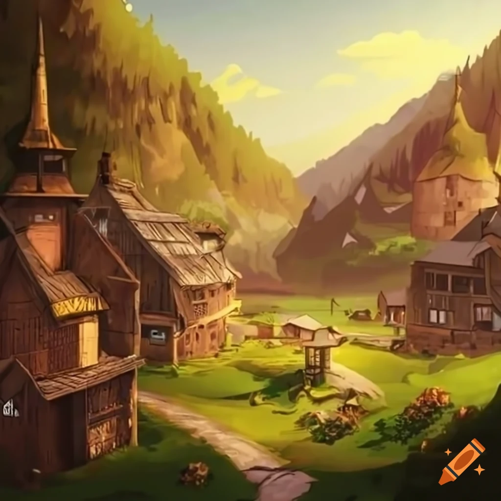 An anime medieval tranquil mining village nestled in a picturesque ...