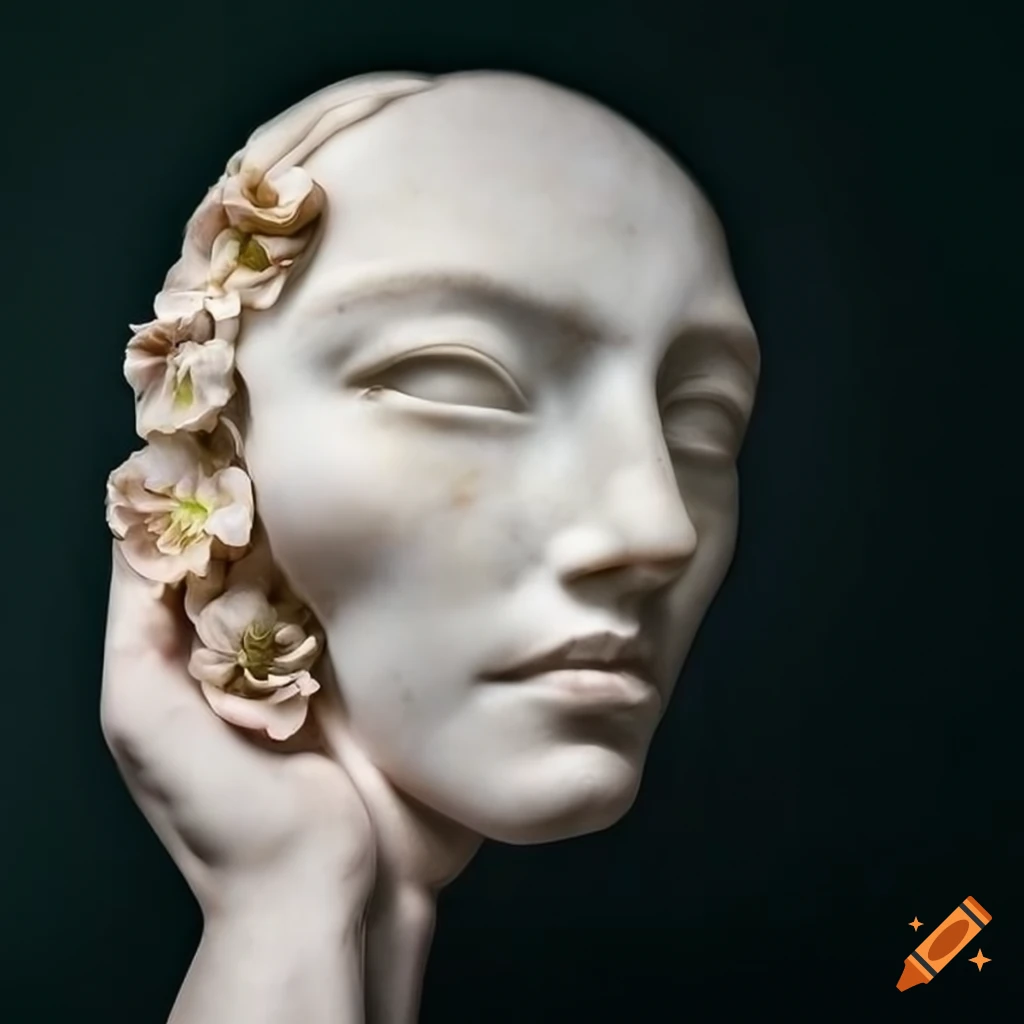 Surreal marble sculpture of a human face merged with flowers