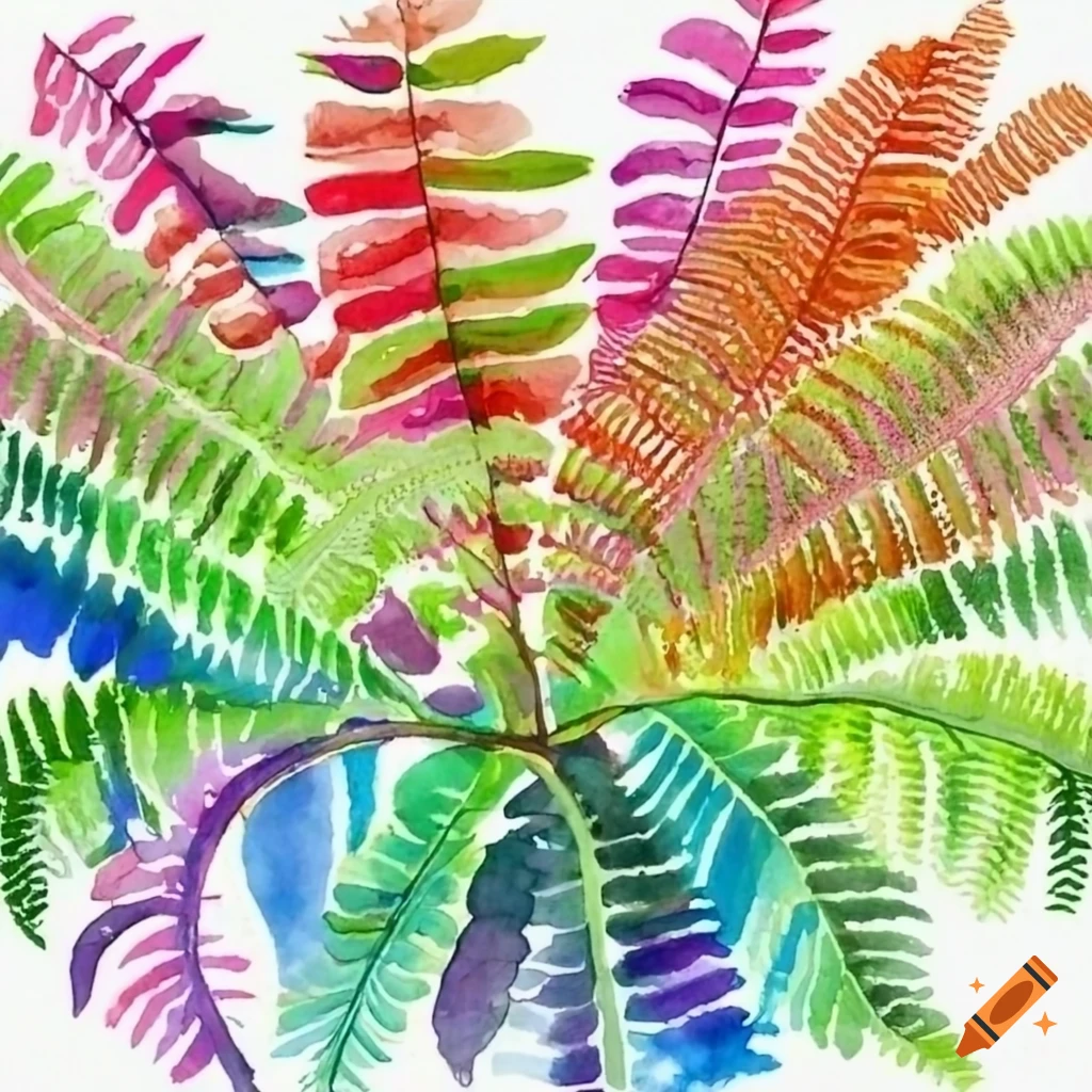 Painting of a tree fern with vibrant rainbow watercolors