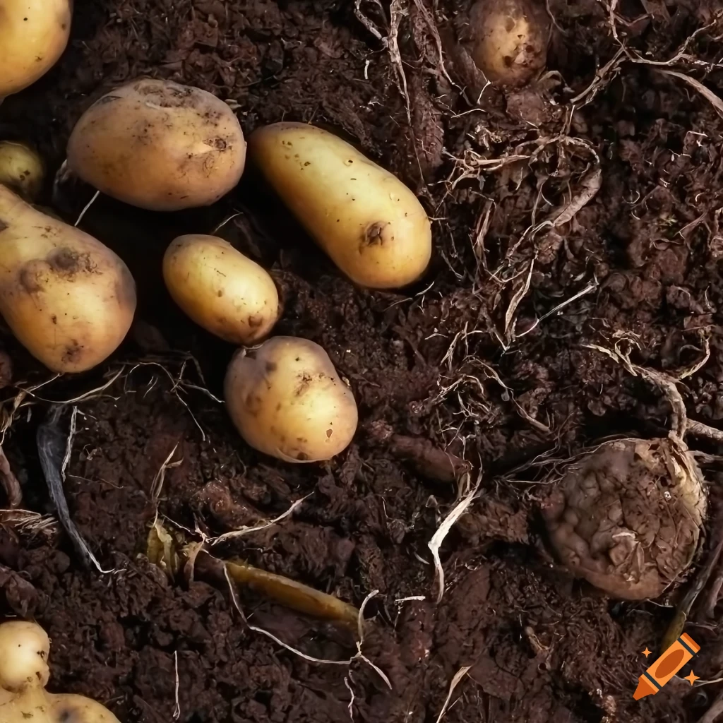 Photo of potatoes and tubers with roots growing in the ground as cross ...