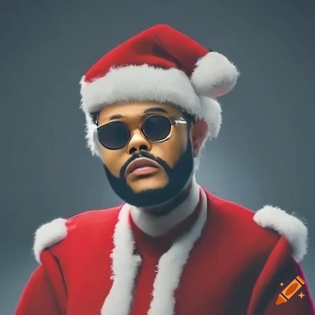 The weeknd as santa claus holding a present in north pole