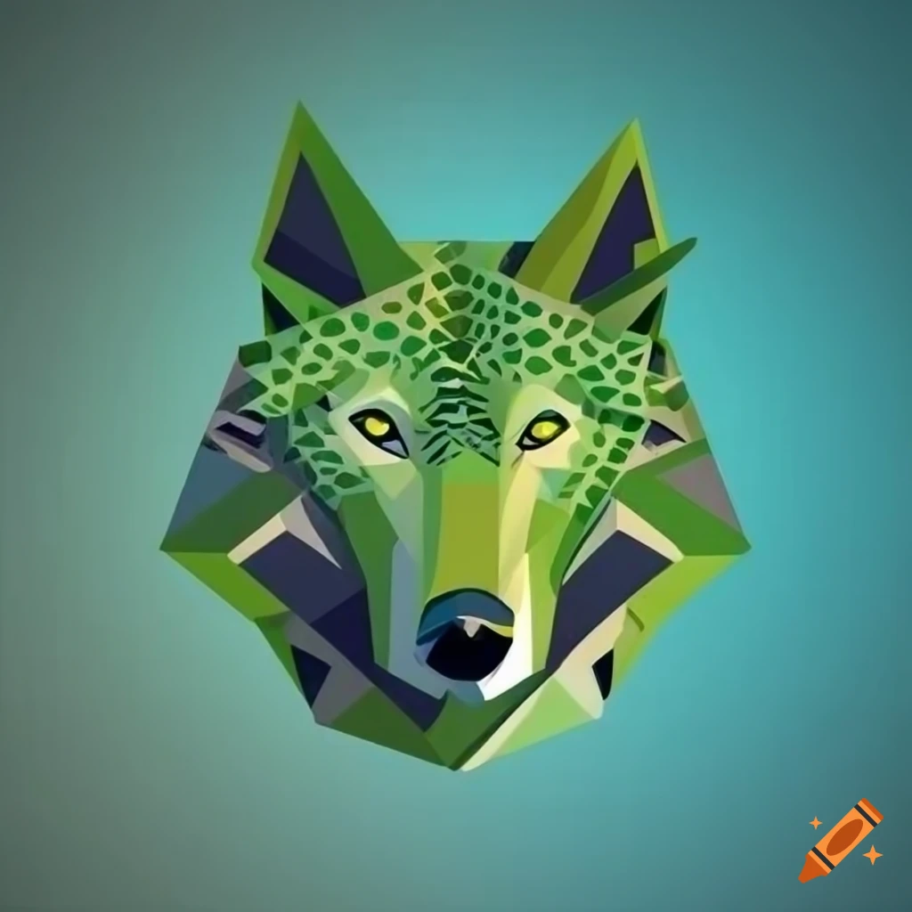 Green wolf head with geometrical shapes, minimalist design