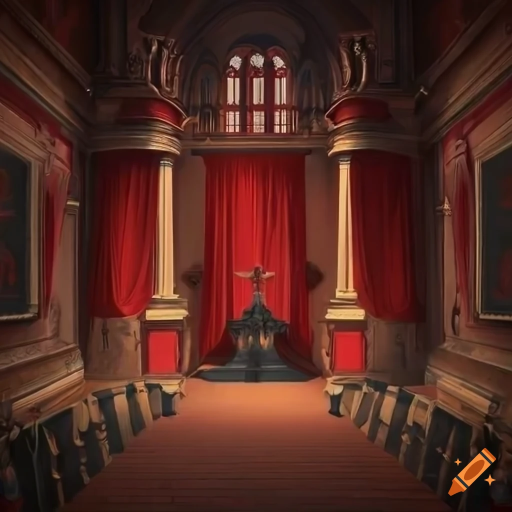 Interior's castle'room with a red banner on the pillars and a guard in ...