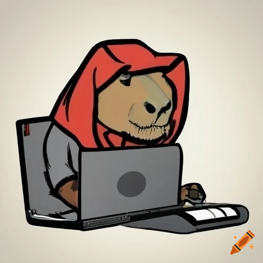 A capybara wearing a hood while programming in front of a laptop