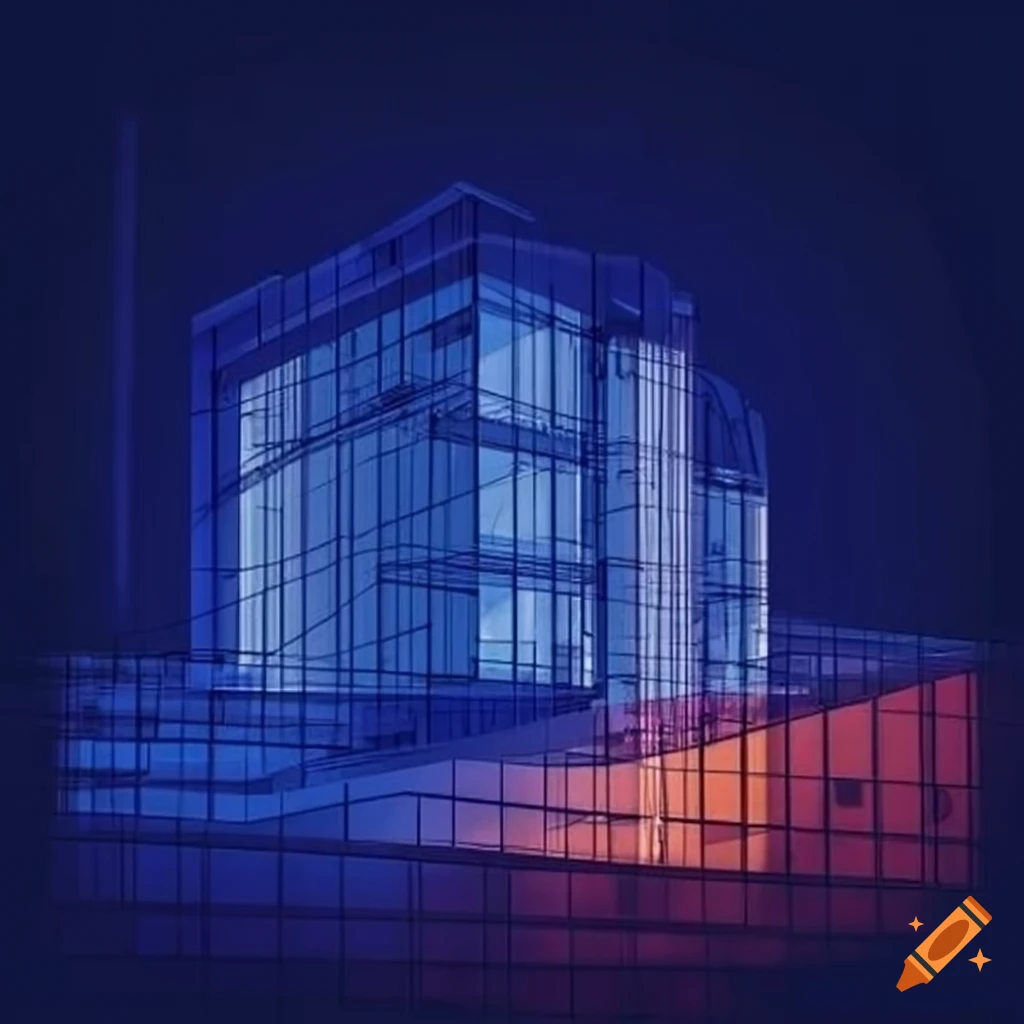 Blueprint of a glass building with open spaces and sleek design