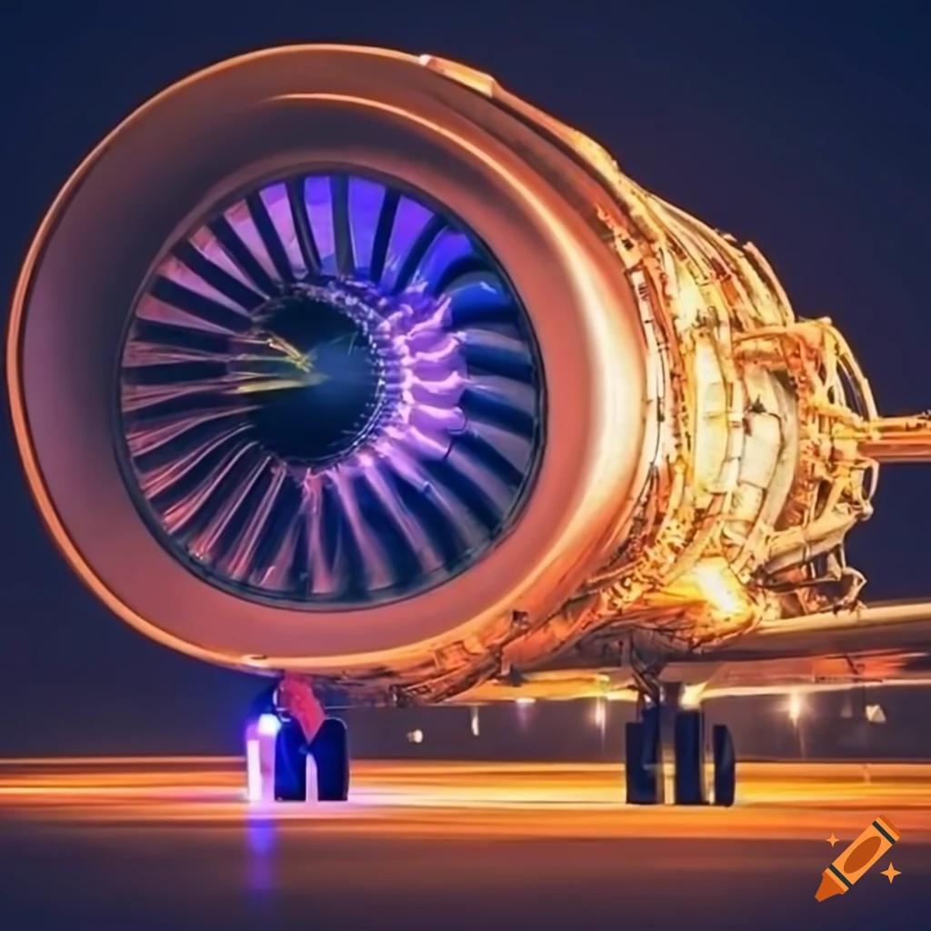 Plane engine at an illuminated airport at night on Craiyon
