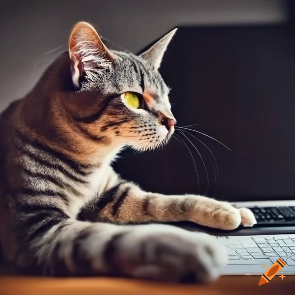 A curious cat wearing headphones at a computer desk