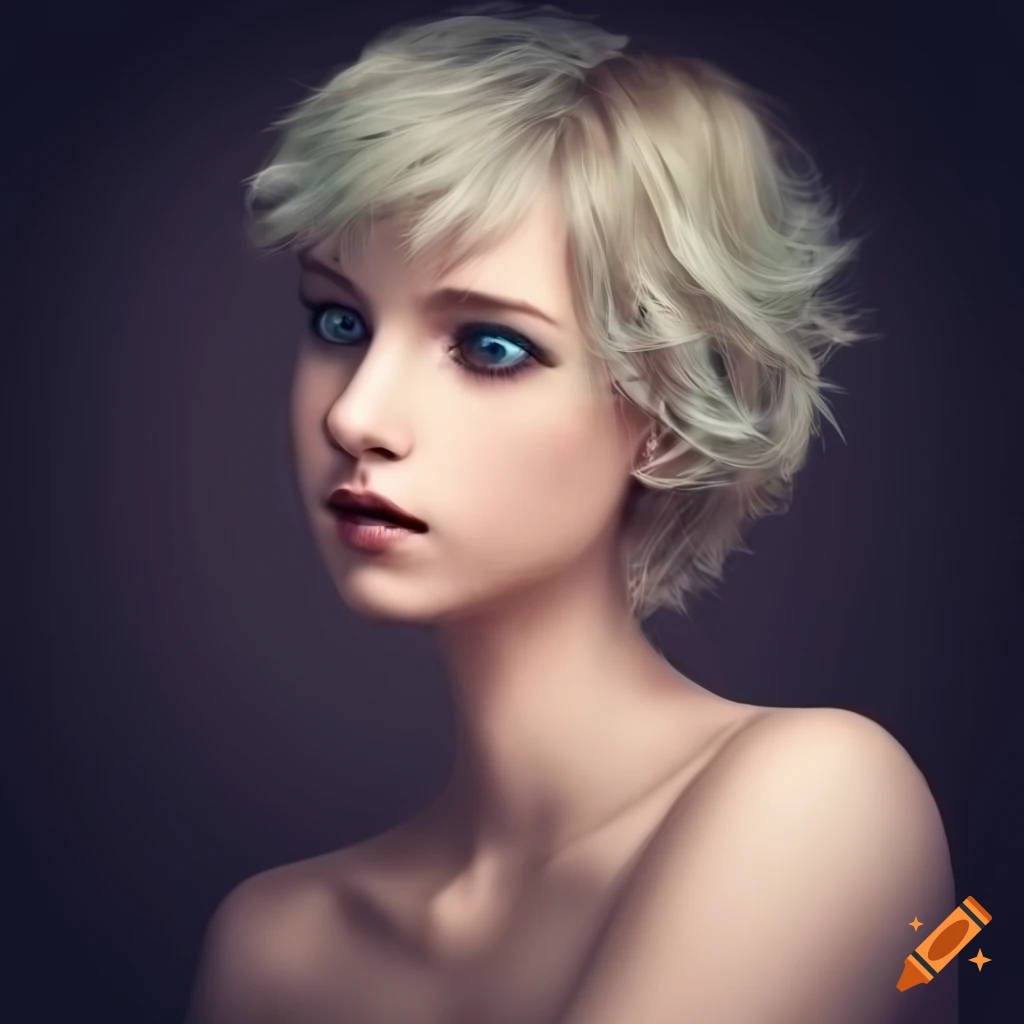 A young woman with short scruffy blonde hair and turquoise eyes, button ...