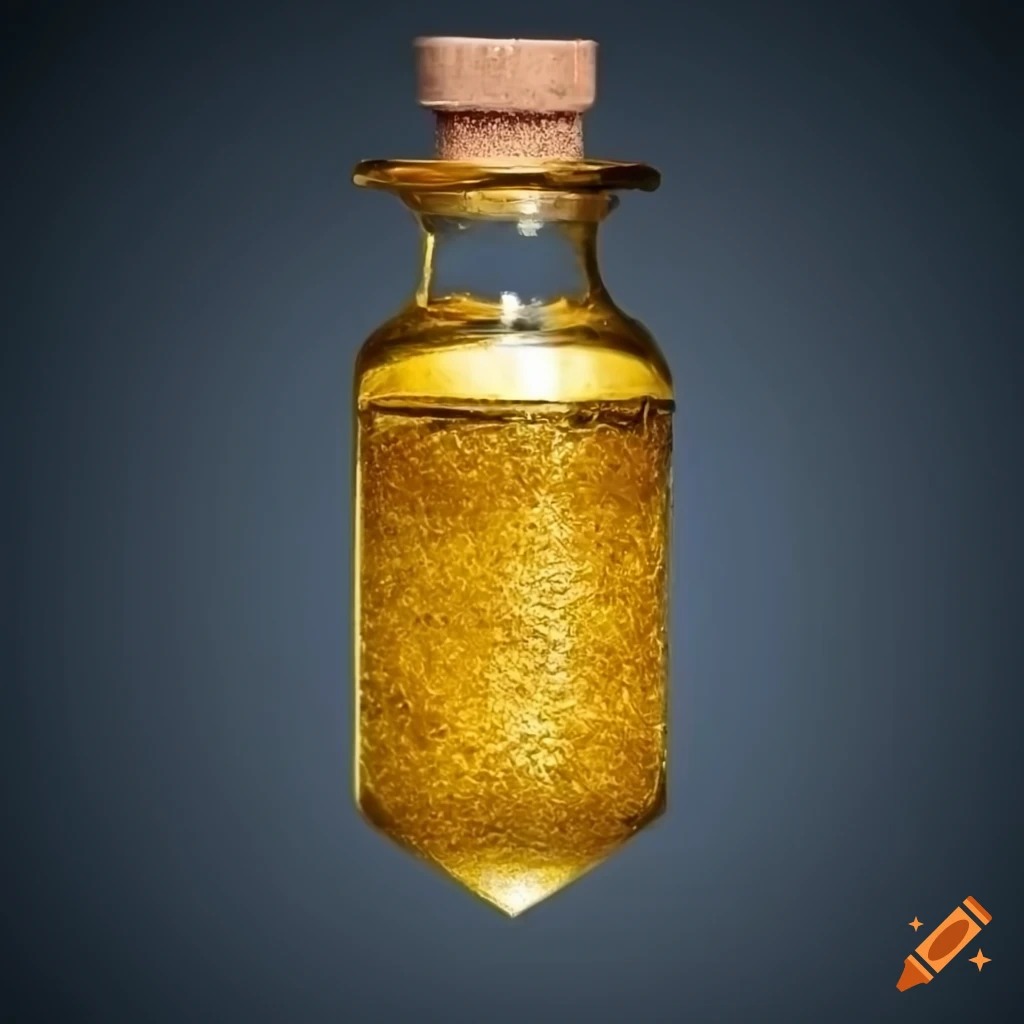 An alchemist's golden potion in a golden vial floating on black ...