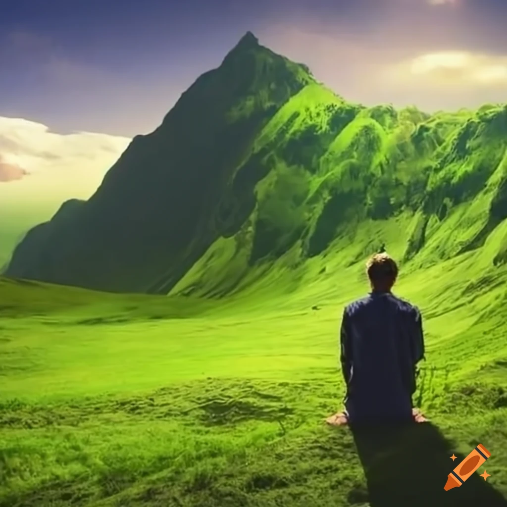 A man meeting with god on the side of a big green grassed mountain on ...