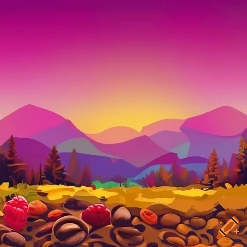 Beautiful landscape with nuts and raspberries on Craiyon