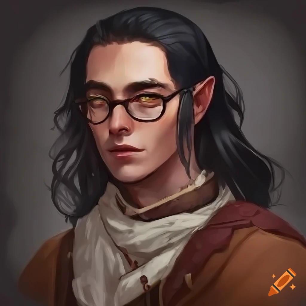Dnd male merchant, long face, glasses, young, black hair, undercut ...