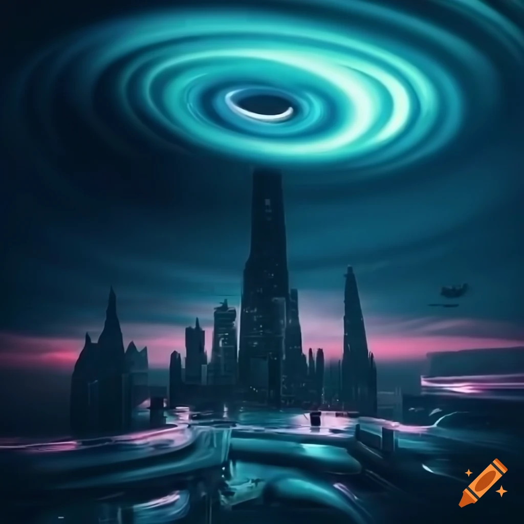 A futuristic cityscape with a spinning vortex in the horizon, high ...